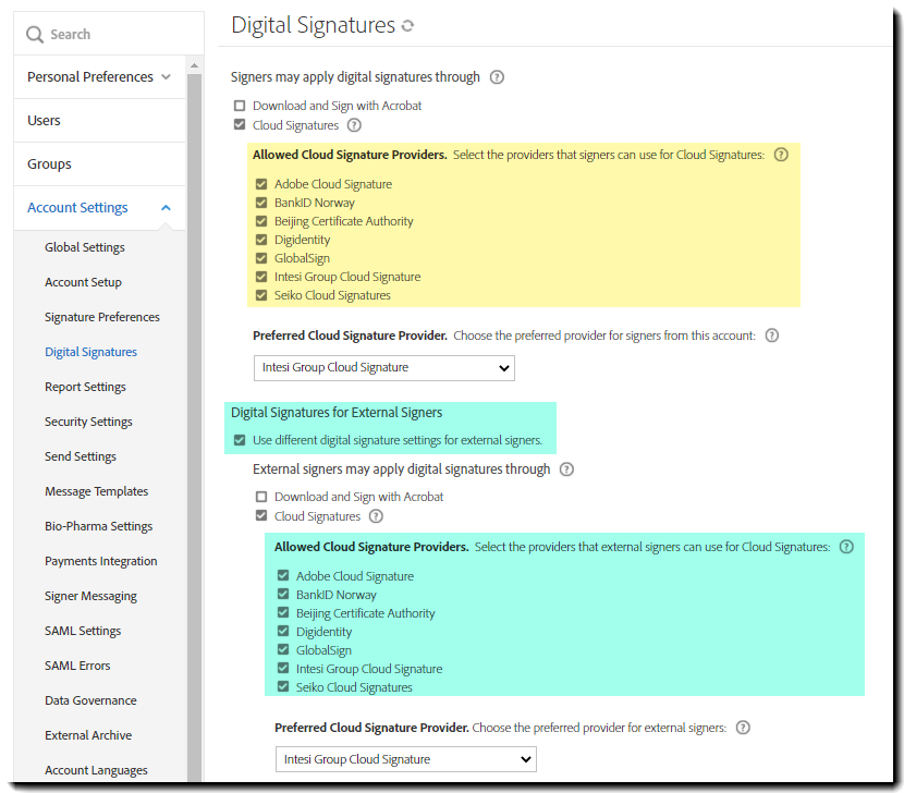 Configurar provedores de assinatura em nuvem